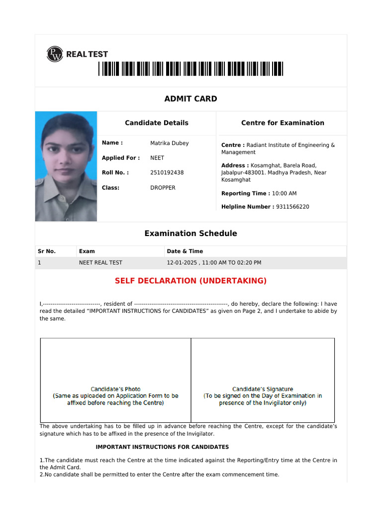 NEET 2025 Admit Card Details | PDF | Identity Document
