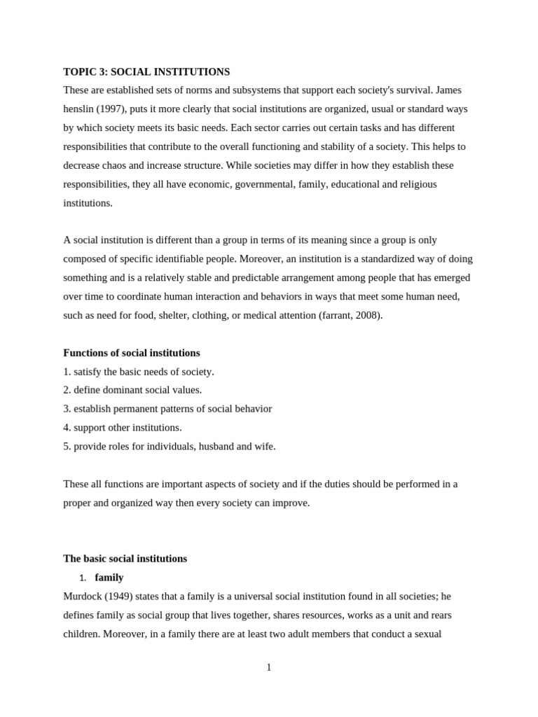 Topic 3 Social Institutions | PDF | Family | Government