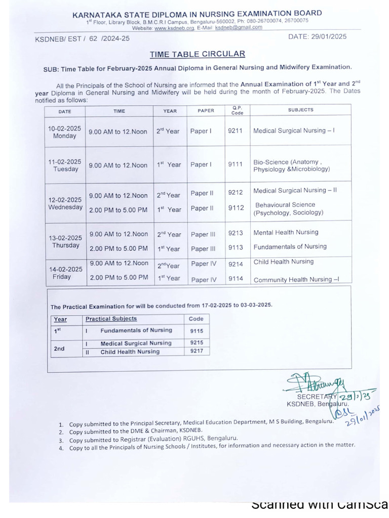 Time Table For Feb-2025 GNM Exam | PDF