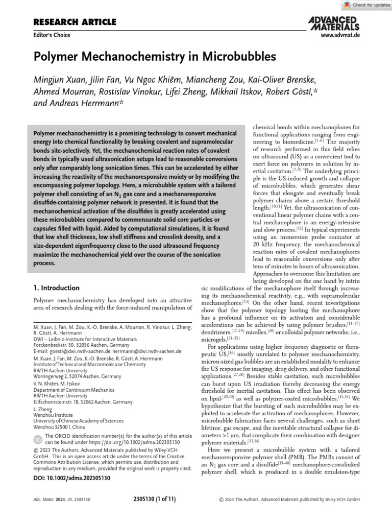 Advanced Materials - 2023 - Xuan - Polymer Mechanochemistry in Microbubbles | PDF | Ultrasound ...