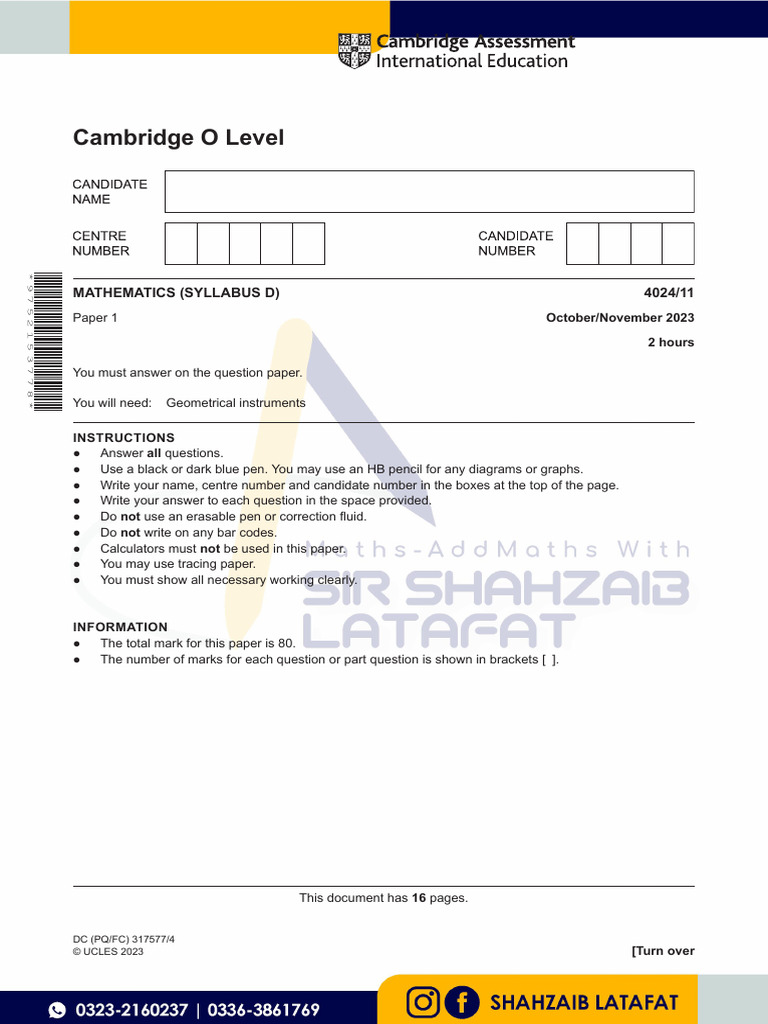 Cambridge O Level Mathematics Paper 1 | PDF | Angle | Euclidean Geometry