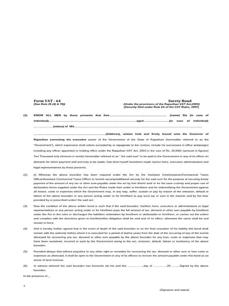 Form VAT 64 | PDF | Surety | Taxes