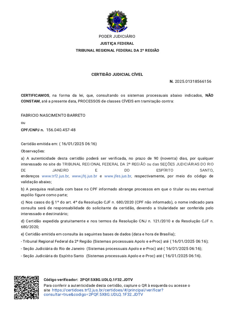 Certidão Da Justiça Federal | PDF