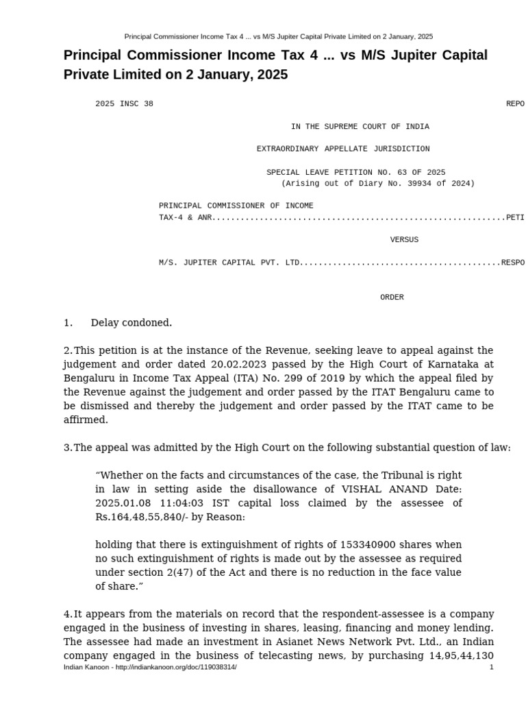 Principal Commissioner Income Tax 4 Vs M S Jupiter Capital Private ...