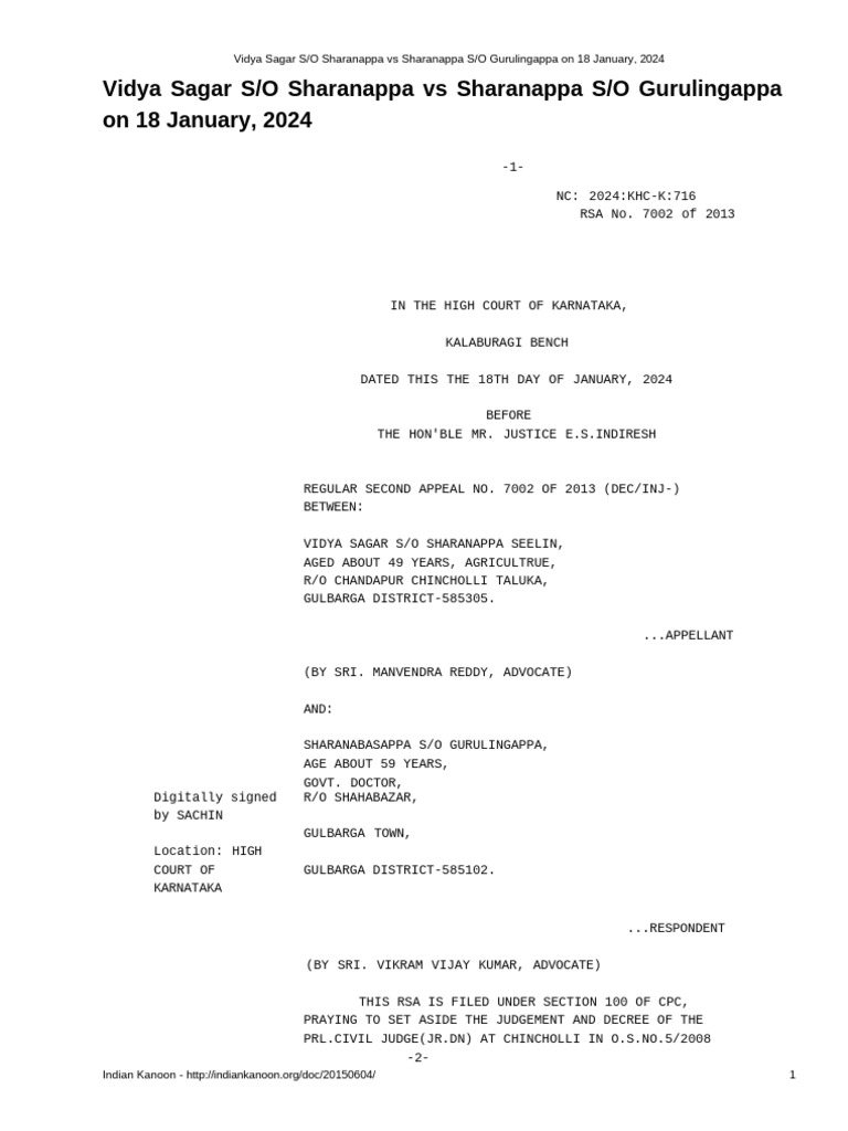 Vidya Sagar S O Sharanappa Vs Sharanappa S O Gurulingappa On 18 January 2024 | PDF | Lawsuit ...