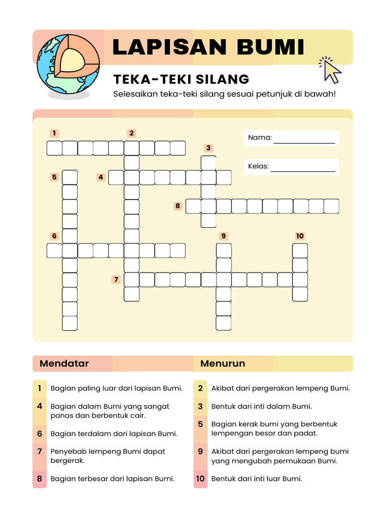Lapisan Bumi IPAS Lembar Kerja Teka-Teki Silang Kuning Jingga Gradasi | PDF