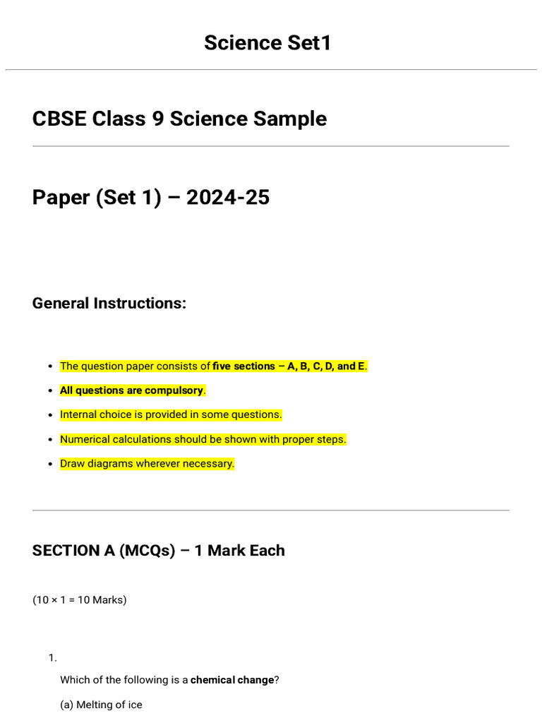 Science Set1 CBSE Class 9 Science Sample Paper (Set 1) - 2024-25 | PDF | Force | Acceleration