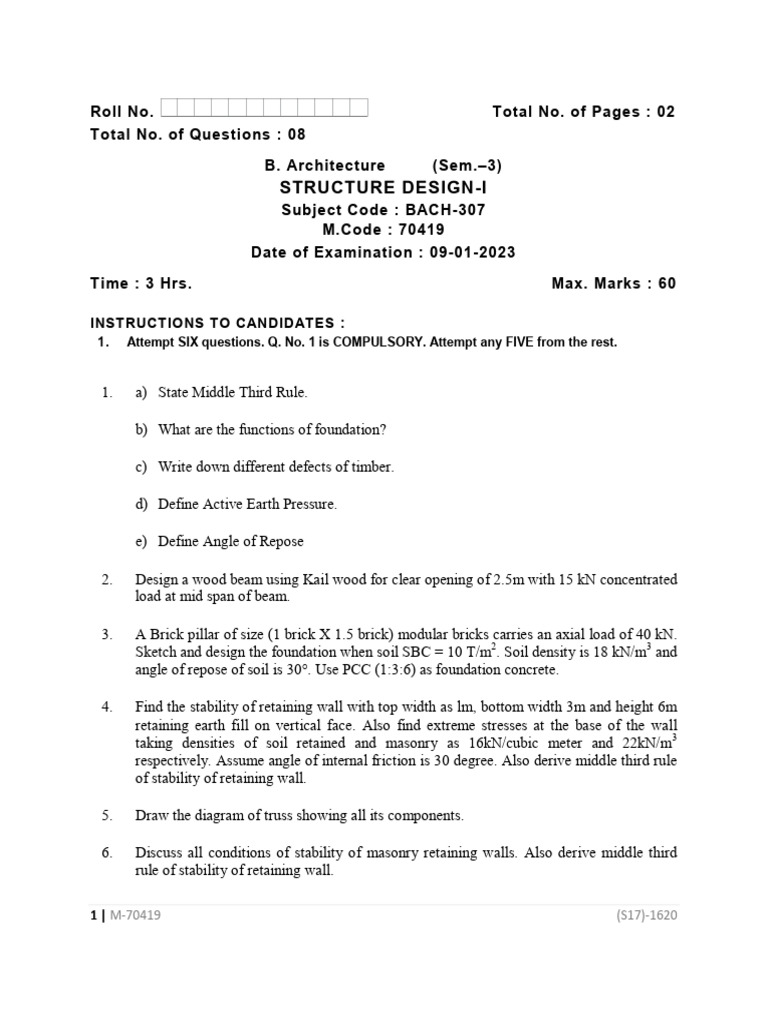 Barch 3 Sem Structure Design 1 70419 Jan 2023 | PDF | Brick | Building ...