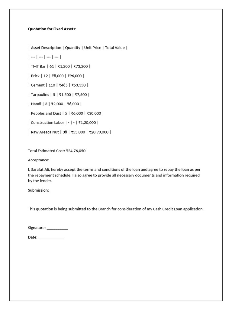 Quotation for Fixed Assets Sarafat Ali | PDF