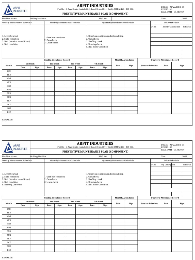 07 - Preventive Maintenance Plan (Component) | PDF | Machines | Drill