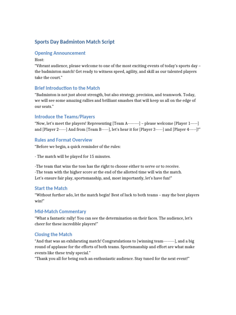 Sports Day Badminton Match Script | PDF