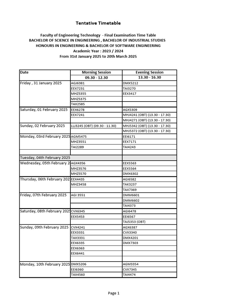 Tentative Time Table New Eng | PDF
