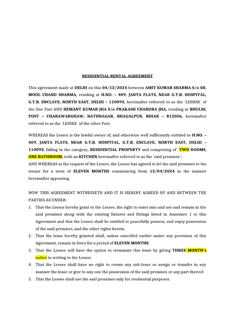 Residential Rental Agreement - Delhi | PDF | Lease | Business Law