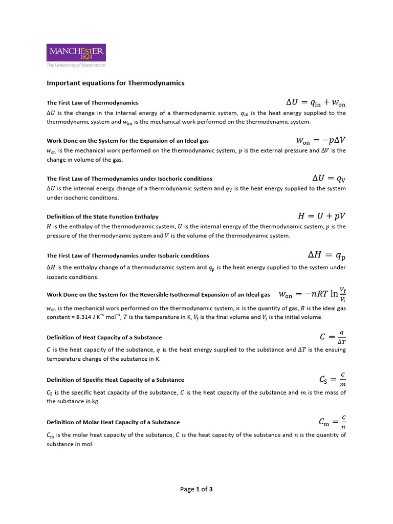 3 - Important Equations For Thermodynamics | PDF | Heat | Heat Capacity