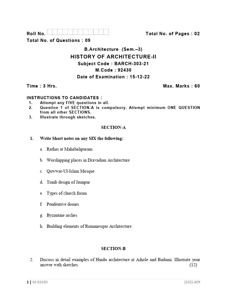Barch 3 Sem History of Architecture 2 92430 Dec 2022 | PDF ...