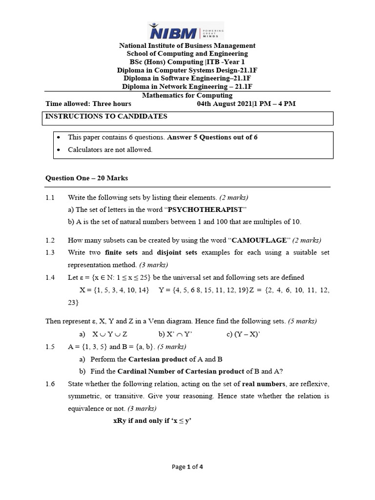 DNE 21.1F Mathematics For Computing | PDF | Matrix (Mathematics) | Set (Mathematics)