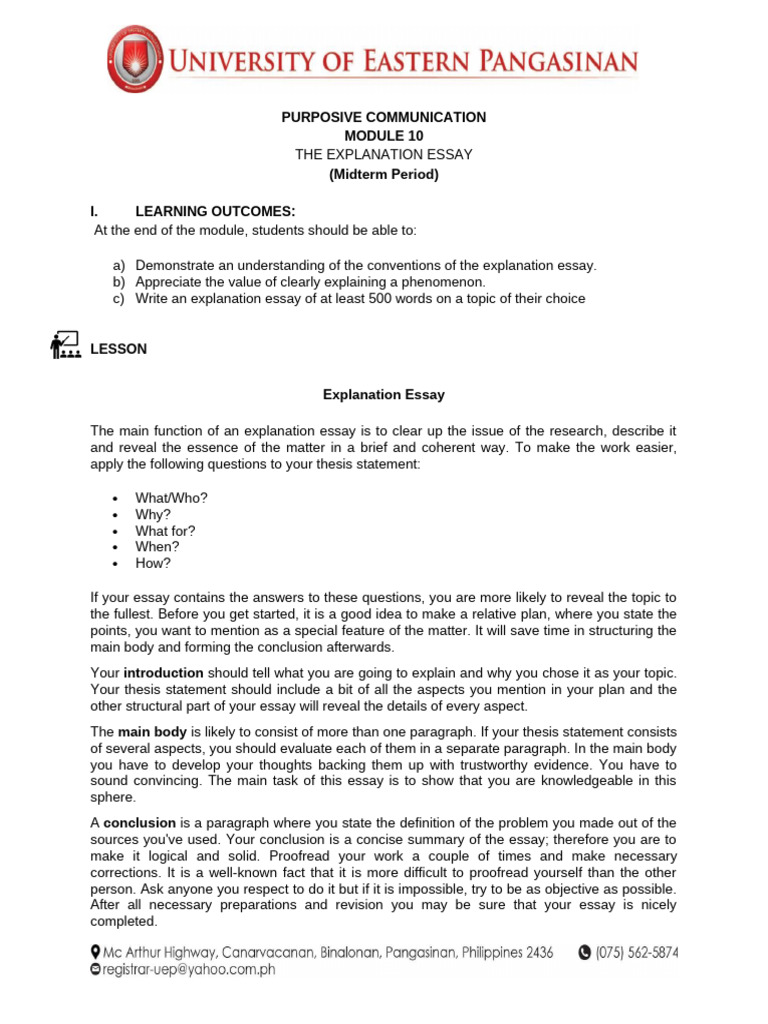 Module 10 The Explanation Essay Purcom | PDF | Essays | Human Communication