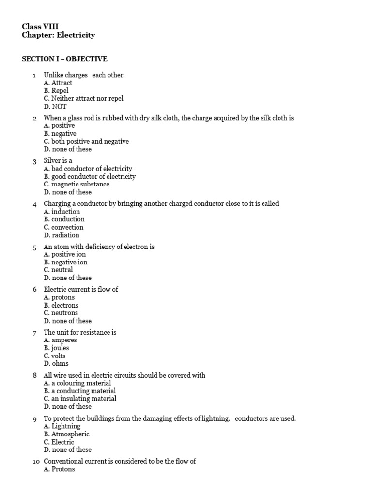 Class VIII Electricity Chapter Quiz | PDF