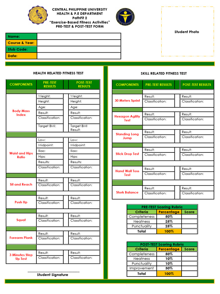 PathFit Pre/Post-Test Fitness Form | PDF | Human Size | Weight