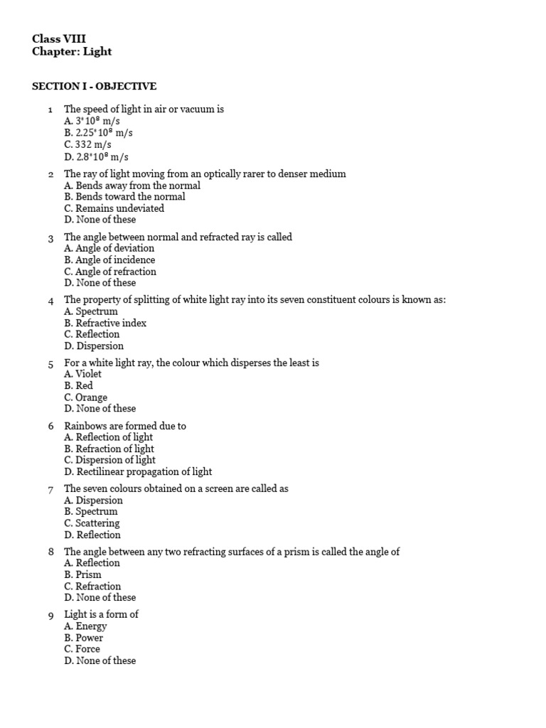 Light Practice Sheet | PDF