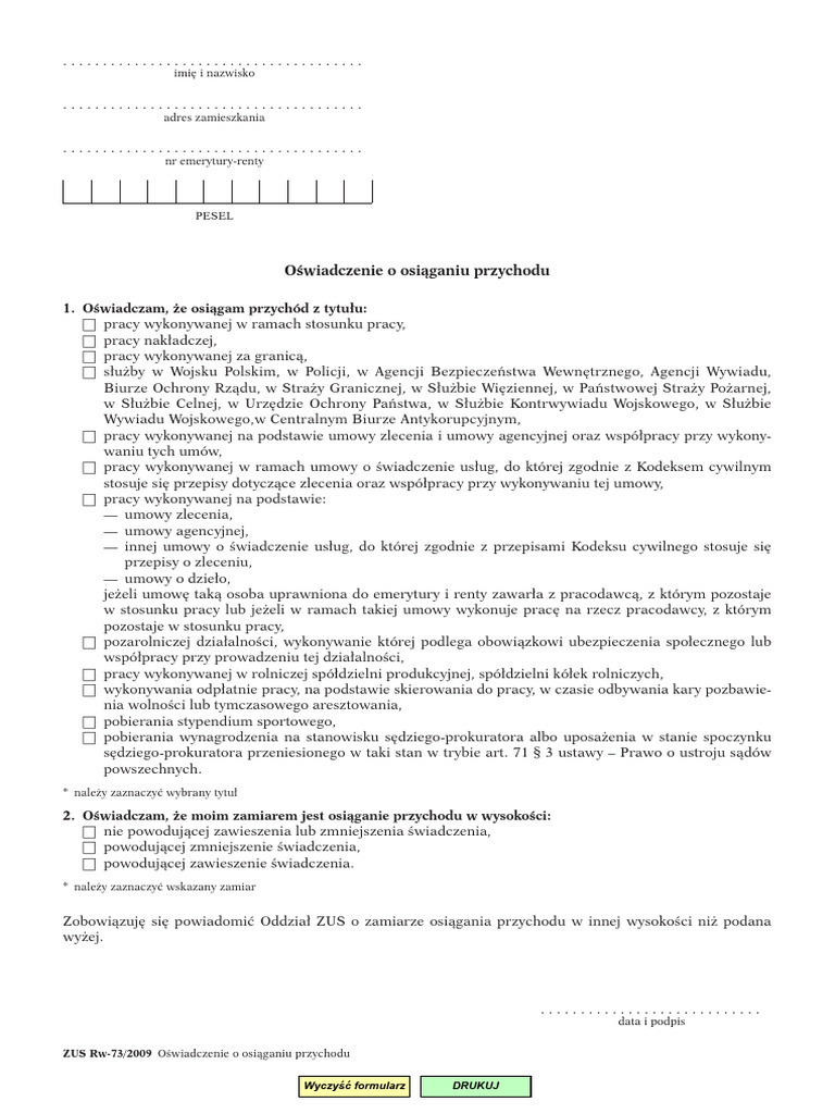 Rw-73 Zgłoszenie Do Zus | PDF