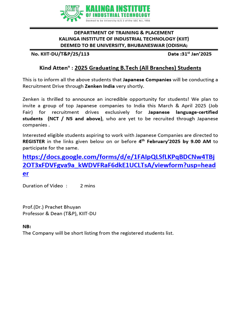 Registration For Zenken India Recruitment Drive - 2025 Graduating Batch | PDF