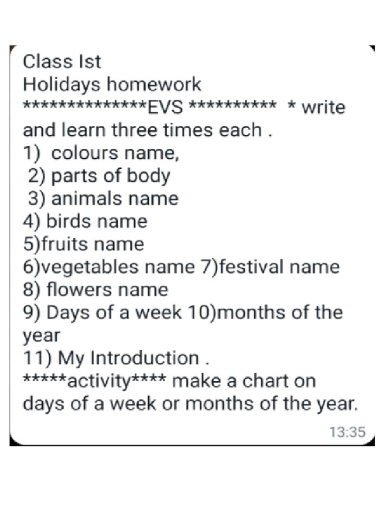 Holidays Homework Class 1st EVS | PDF