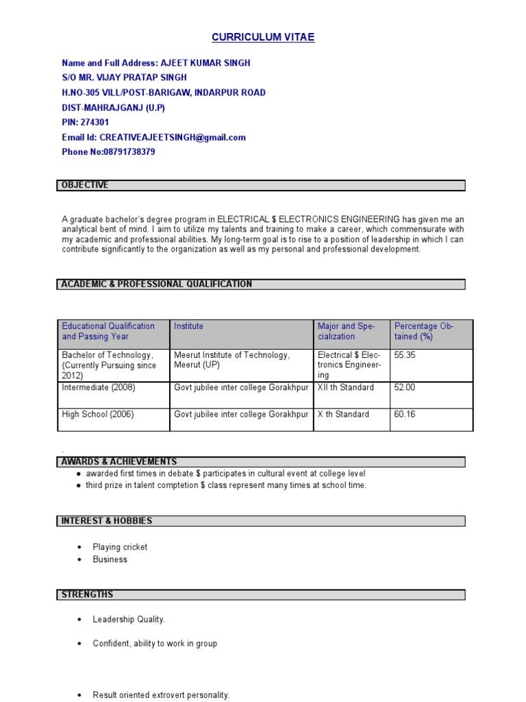 Ajeet Kumar Singh's CV: Electrical Engineer | PDF | Technology & Engineering