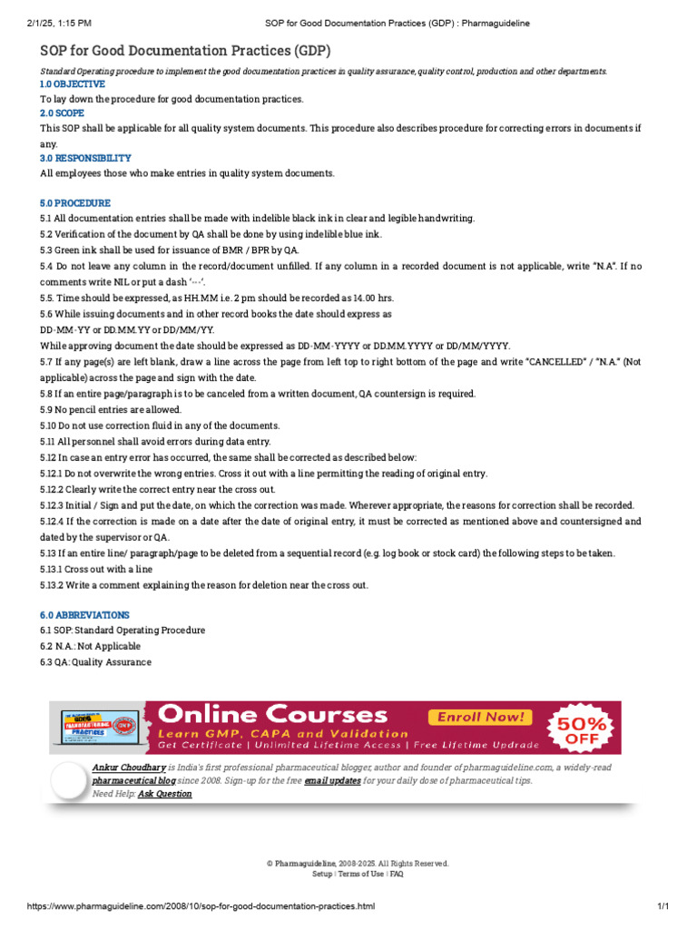 SOP For Good Documentation Practices (GDP) | PDF