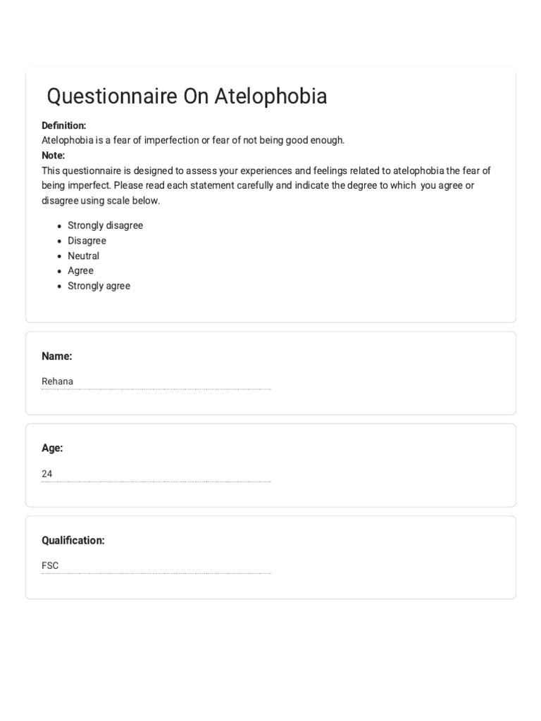 Questionnaire On Atelophobia | PDF | Perfectionism (Psychology) | Fear