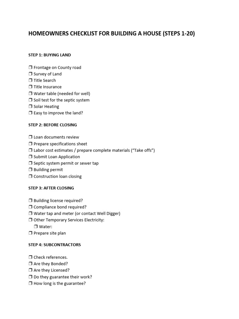 Homeowners Checklist For Building A House Pdf Framing Construction