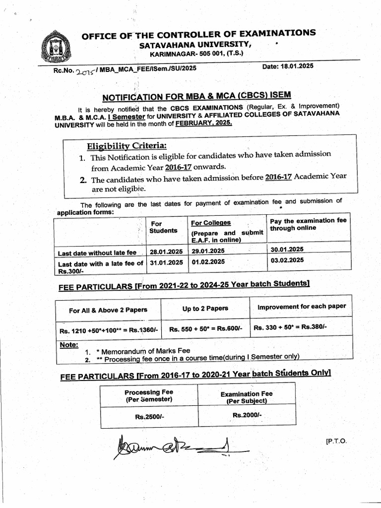 Mba - Mca - CBCS - I Sem Fee Notification - Jan - 2025 | PDF
