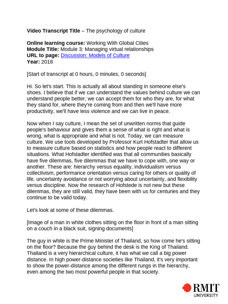 The Psychology of Culture Transcript (.Docx, 58KB) | PDF | Social ...