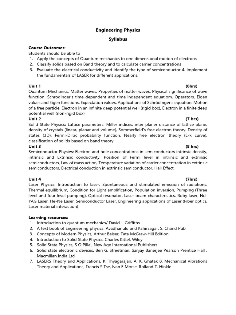 Engineering Physics Course Syllabus | PDF | Laser | Electron