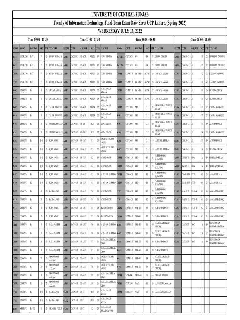 UCP Lahore IT Final Exam Schedule | PDF
