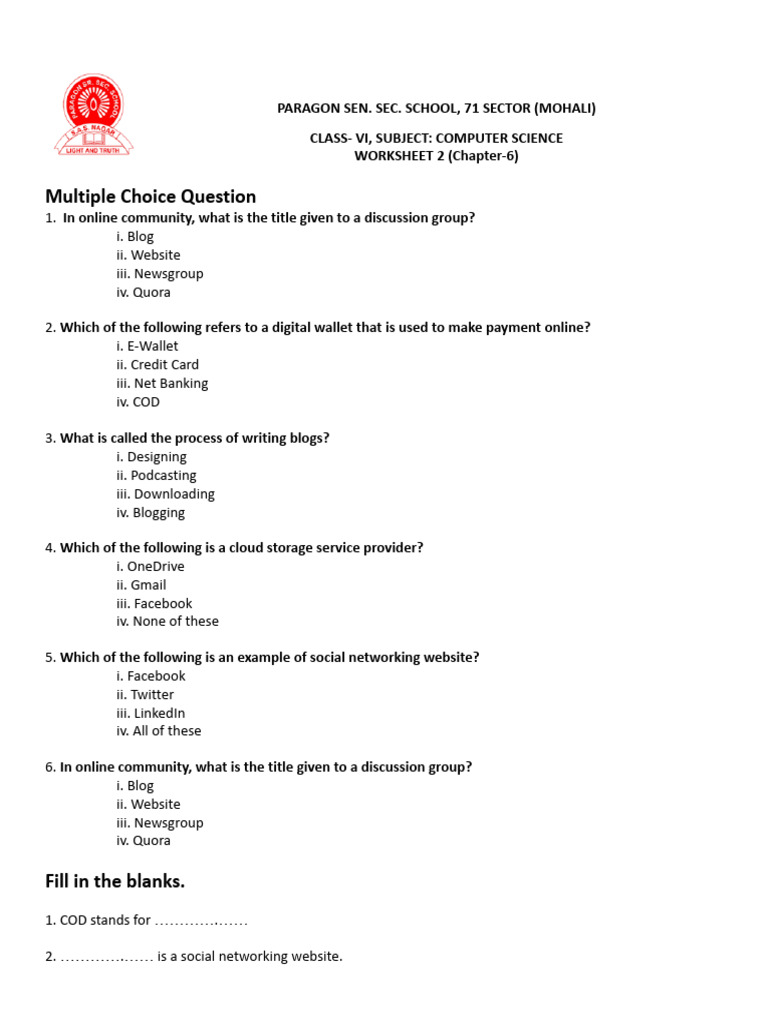 Class VI Computer Science Worksheet on Online Communities | PDF ...
