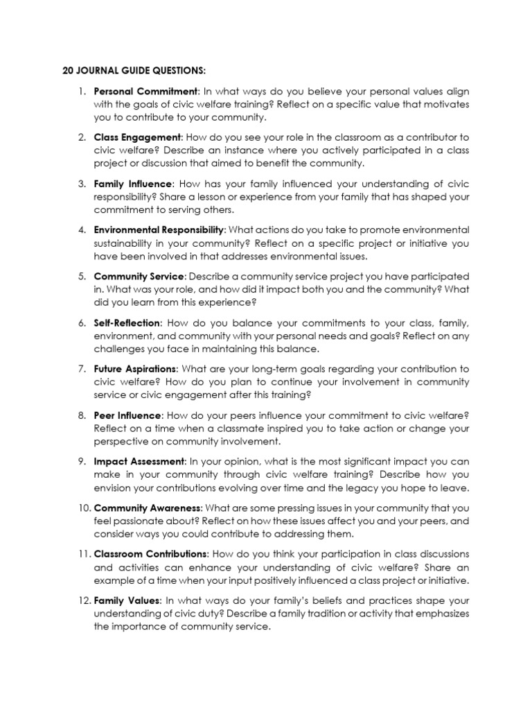 20 Journal Guide Questions | PDF | Civic Engagement | Sustainability