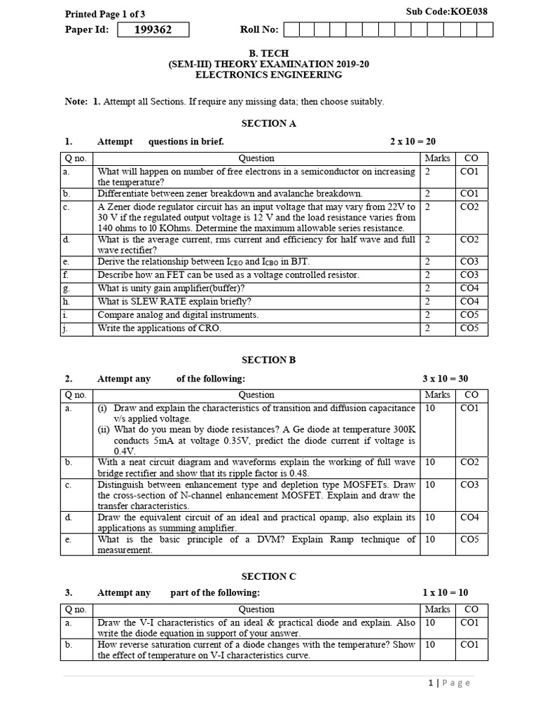 B.Tech Electronics Engineering Exam Paper | PDF | Diode | Rectifier