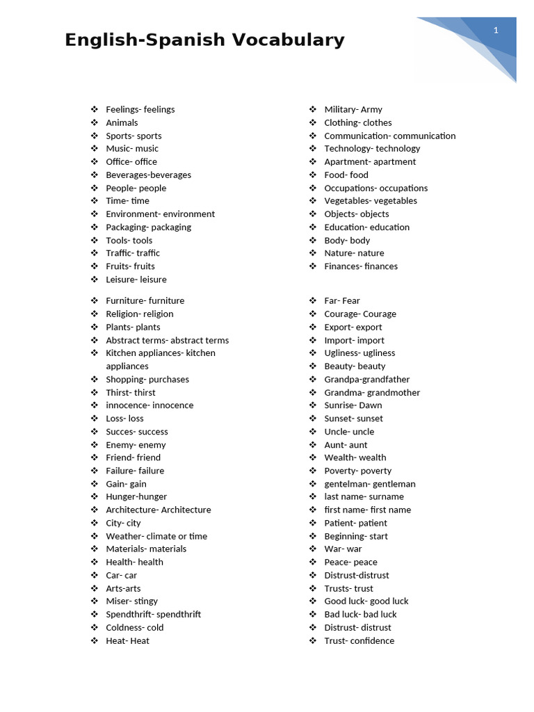 English-Spanish Vocabulary Guide | PDF