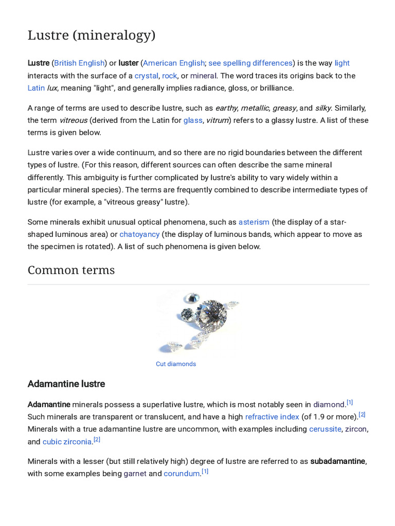 Lustre (Mineralogy) - Wikipedia | PDF | Mineralogy | Minerals