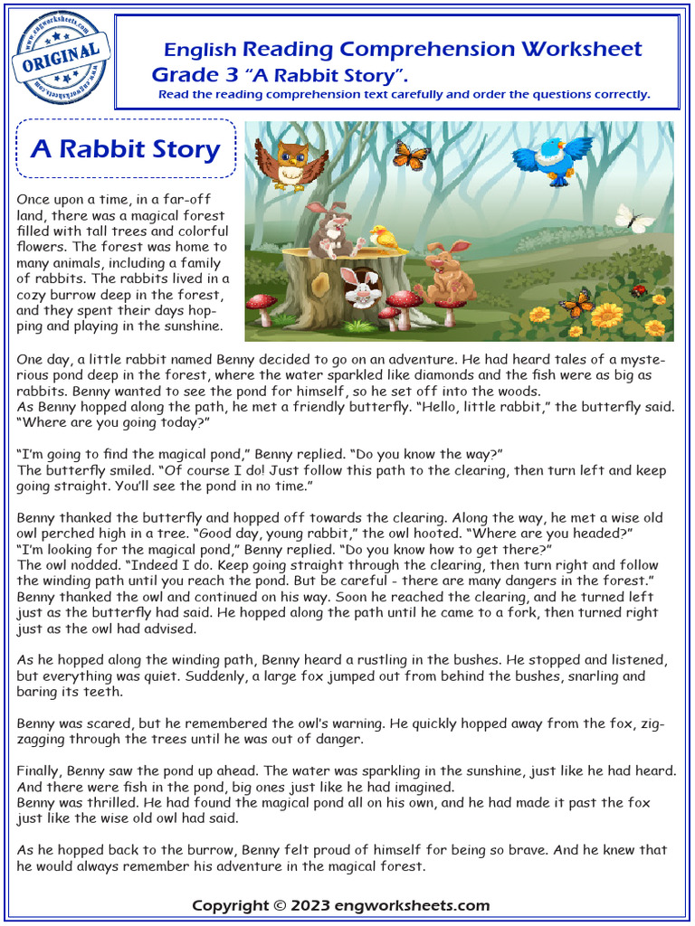 English Reading Comprehension Worksheet Grade 3 A Rabbit Story | PDF