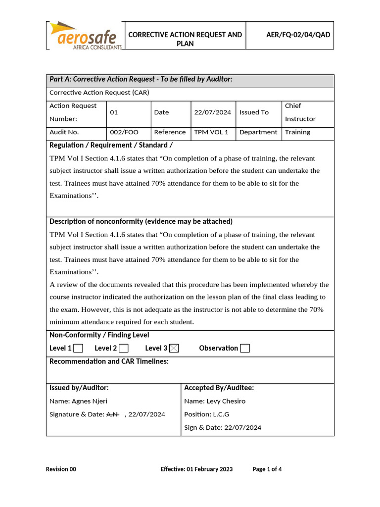 CAR FORM - FOO | PDF | Audit
