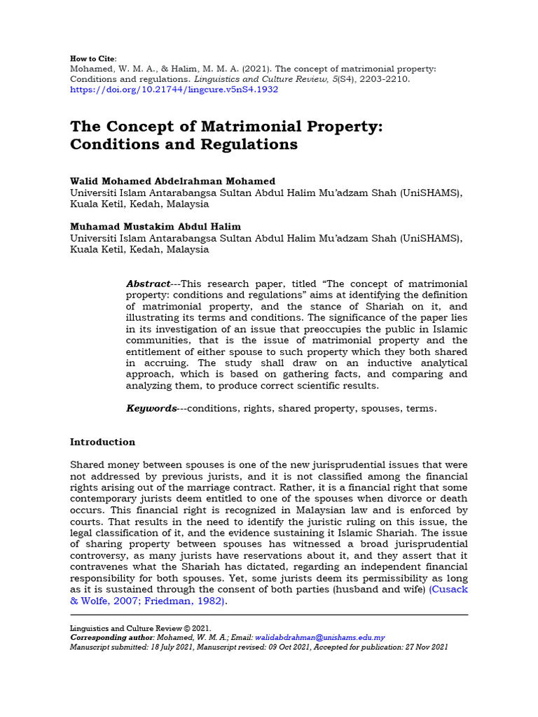 Concept of Matrimonial Property Conditions and Reg | PDF | Marriage ...