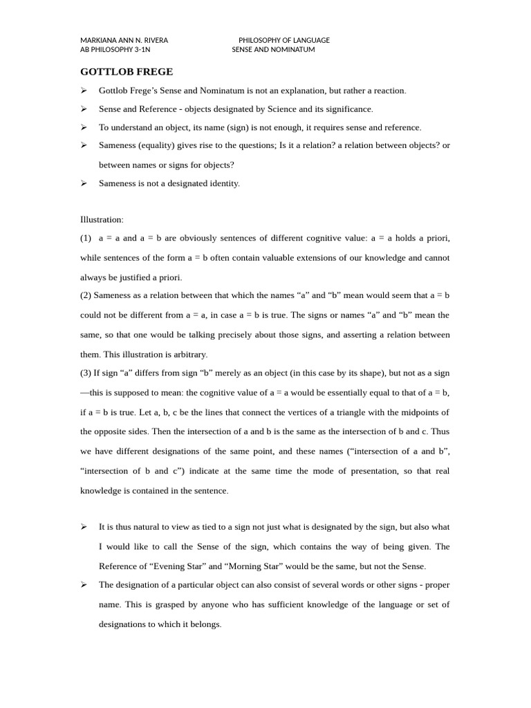Frege's Sense and Reference Explained | PDF | Idea | Thought