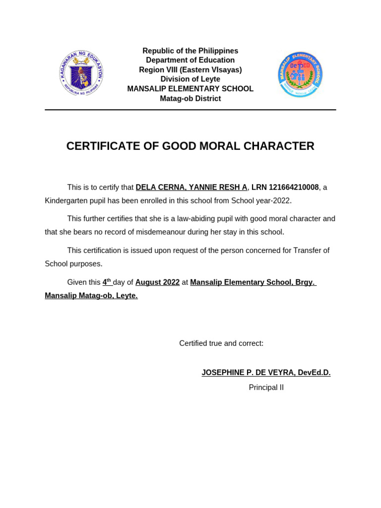 Certificate of Good Moral Character | PDF