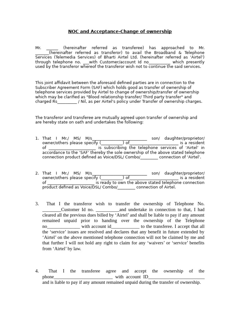 Airtel Ownership Transfer NOC Template | PDF