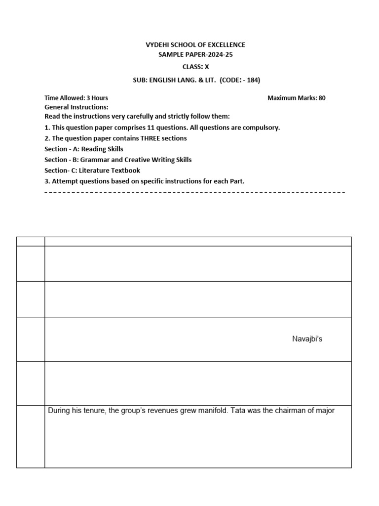 Class X English Sample Paper 2024-25 | PDF