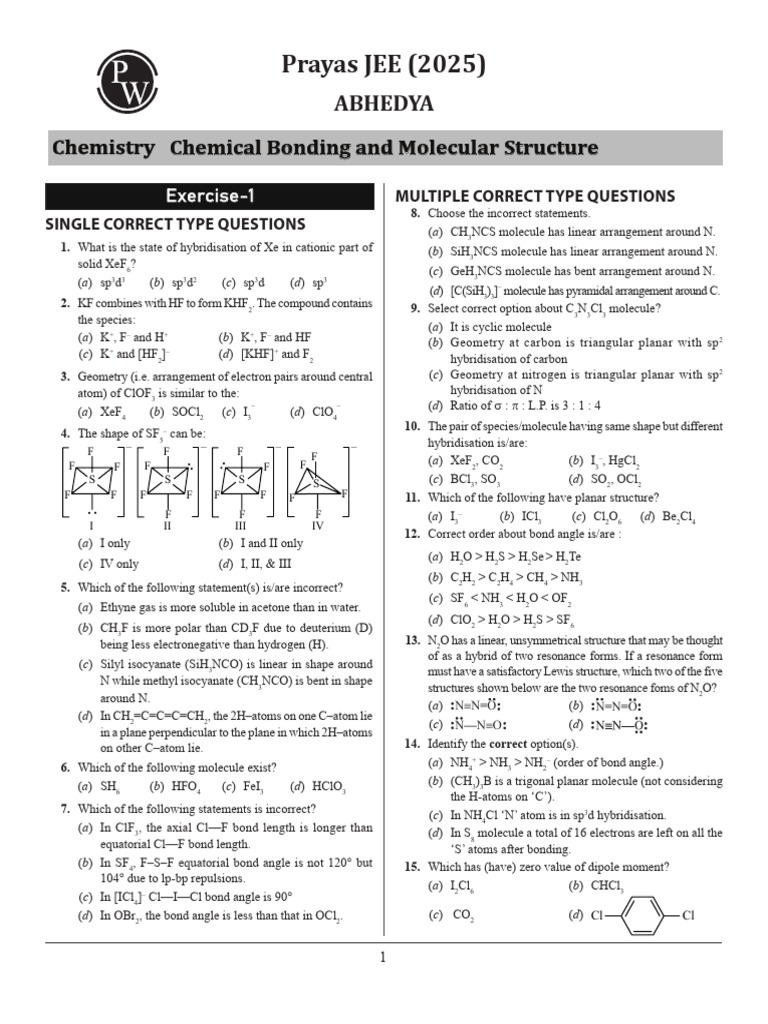 Chemical Bonding and Molecular Structure _ Standard Practice Sheet (JEE ...