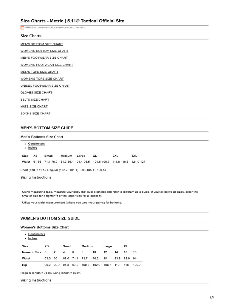 Size Charts - Metric 511 Tactical Official Site | PDF | Fashion ...