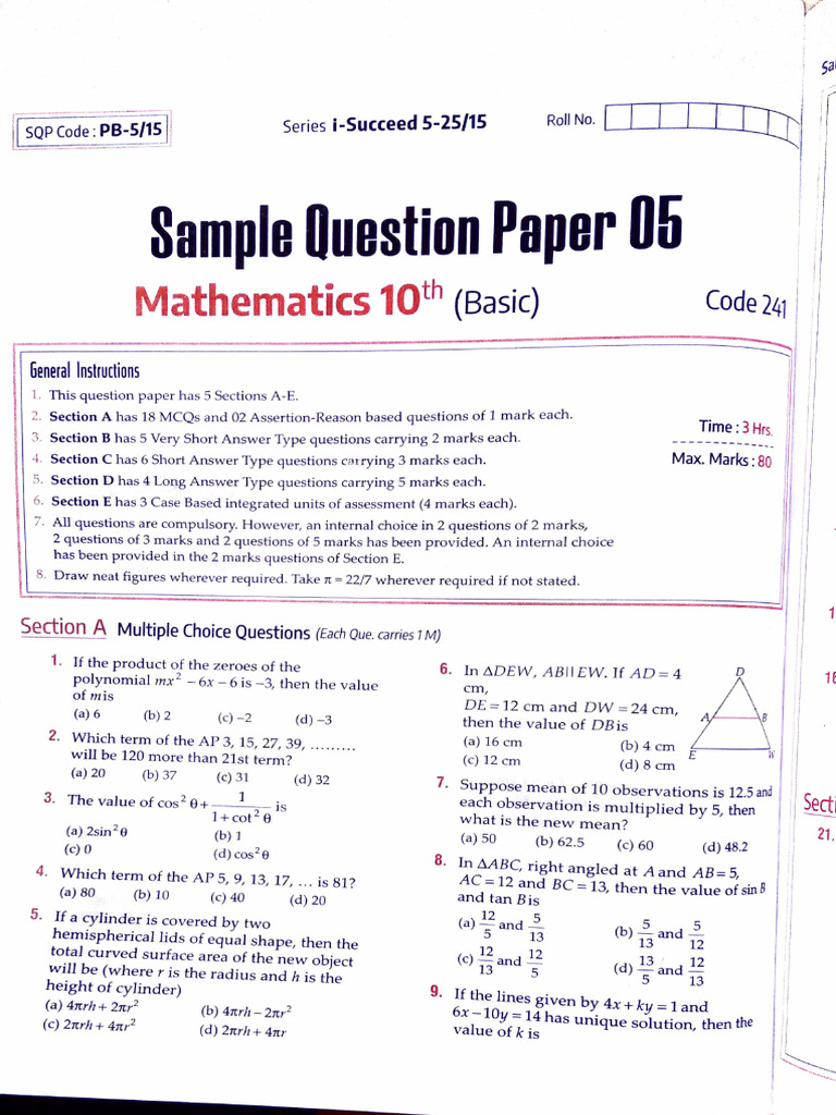 Basic Maths Sample Paper 5 | PDF